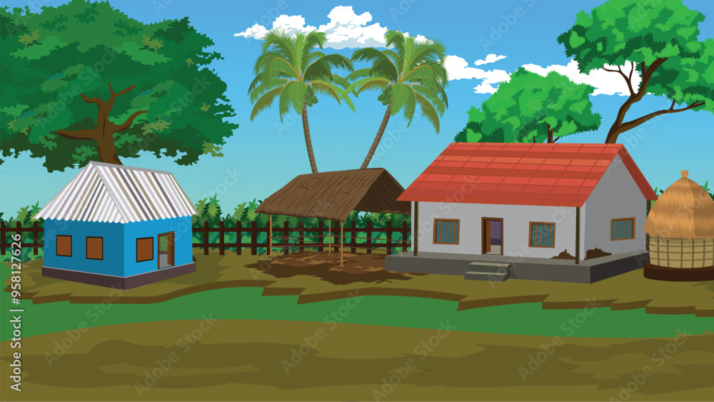 Village road cartoon vector download for 2d animation.Village hut ...