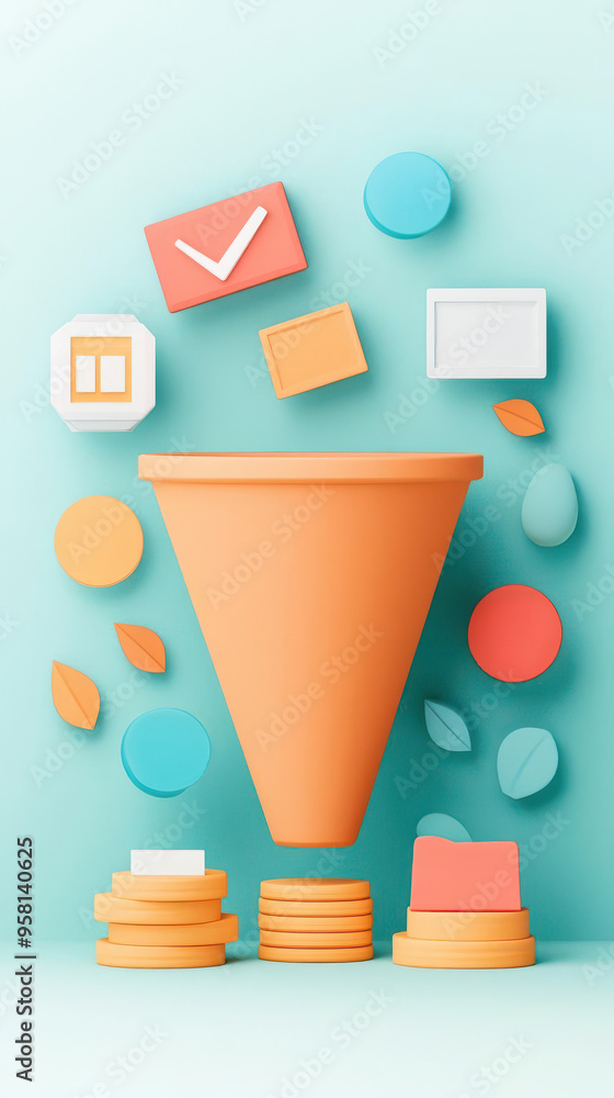 Colorful abstract funnel concept with floating shapes and icons ...