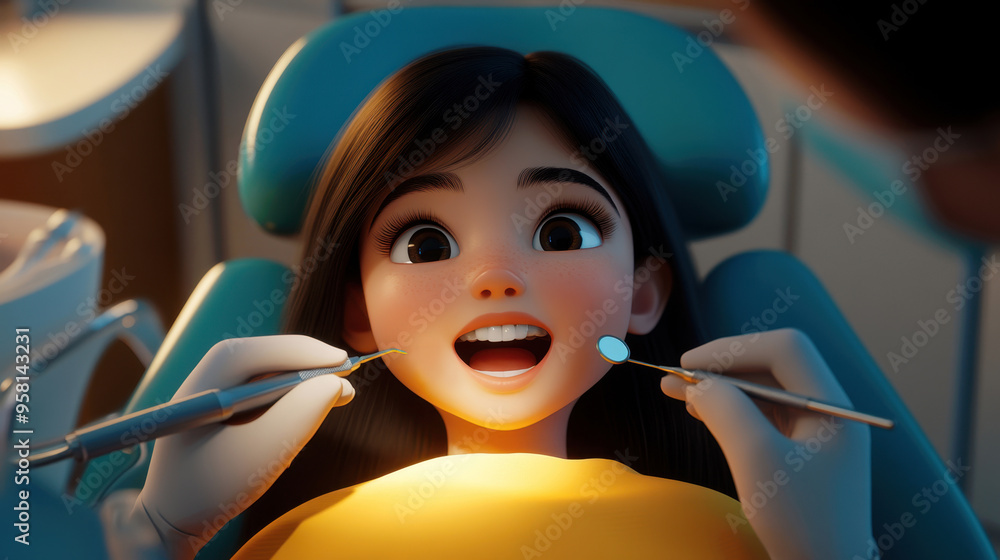 Cute girl receiving kids dental check-up in a clinic. She lying in ...