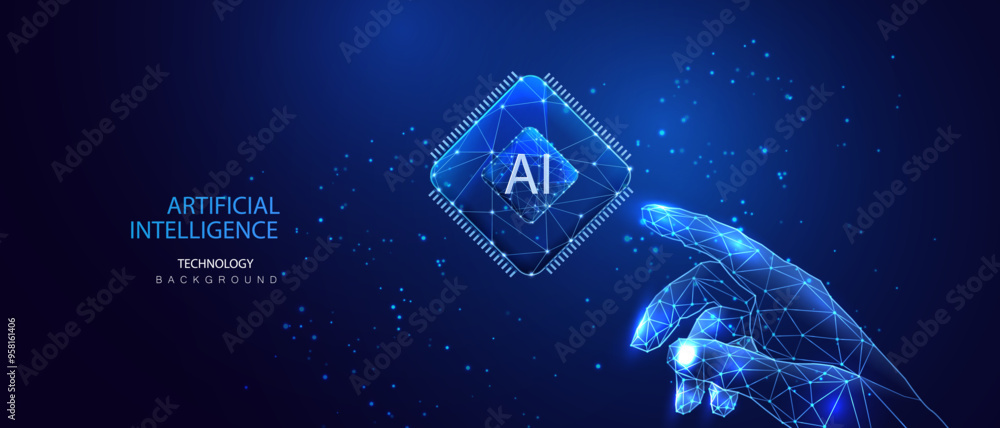 Human hand touching CPU. Artificial intelligence internet connection technology design. Ai ...