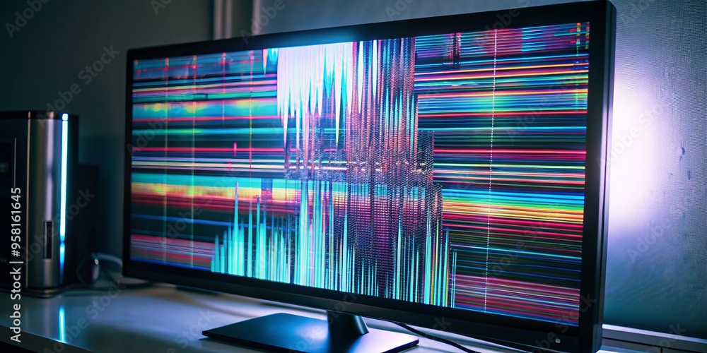 Flickering black lines dance across the monitor's screen, a strobe of ...