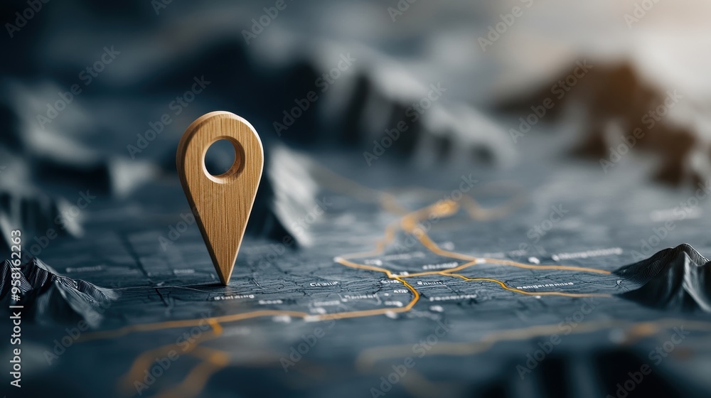 Map marker on a textured physical map, standing tall on a highlighted ...