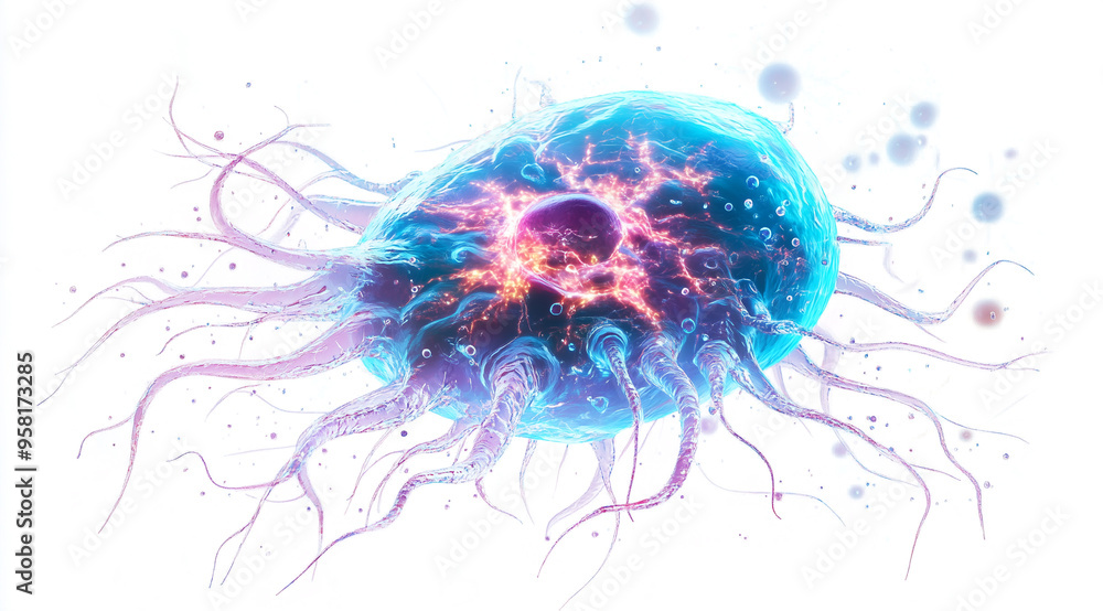 Glowing Bioluminescent Microbe Character with Pseudopod Extensions on ...