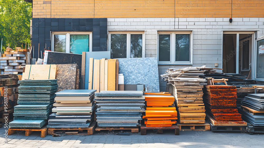 urban mining zero waste, sorted piles of construction materials windows ...