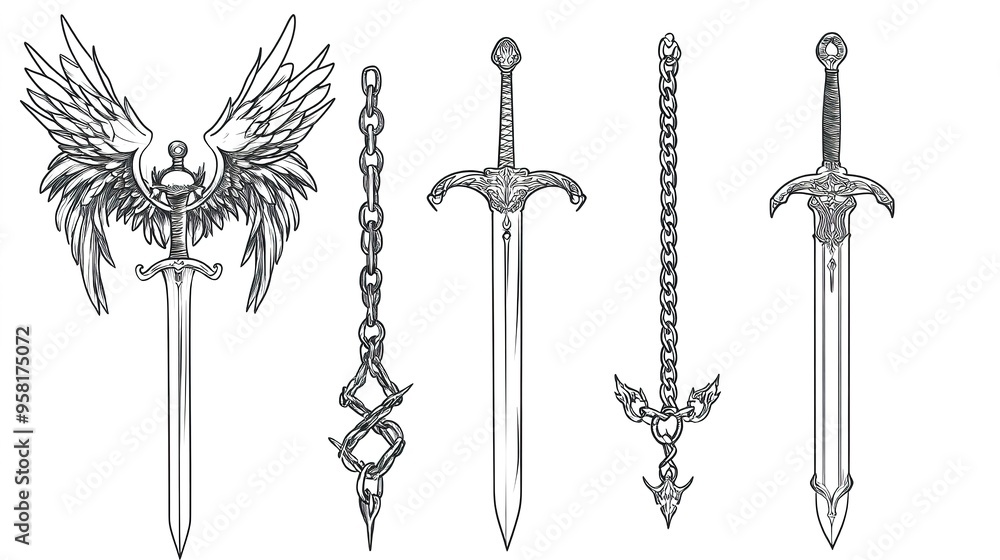 Line Divider Featuring a Long Sword, Angel Wings, Iron Chains with ...