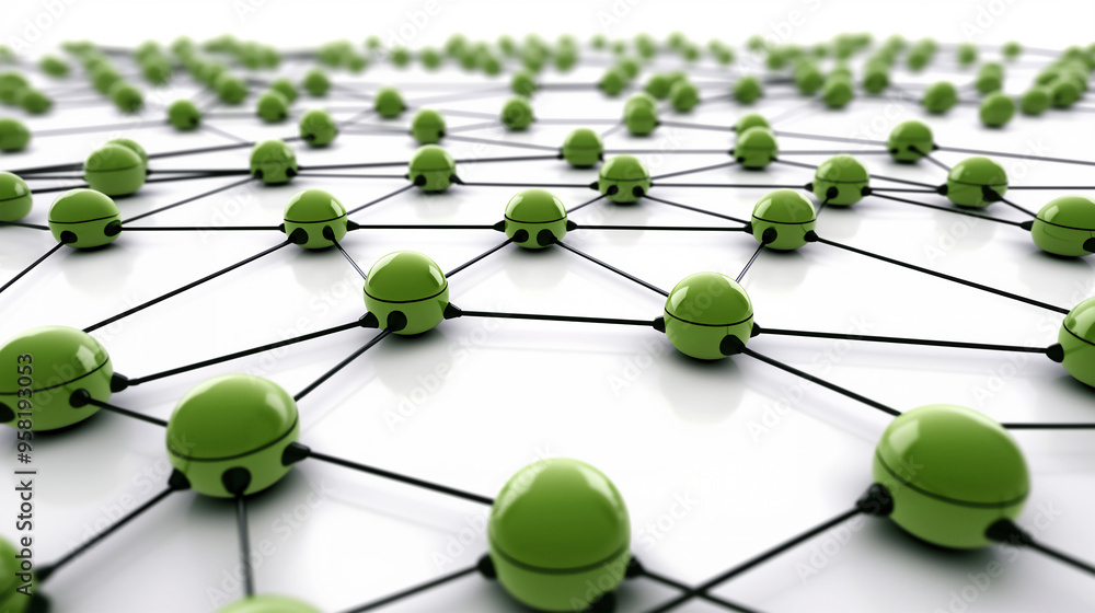 3d Social networking green plastic nodes background, interconnected by ...