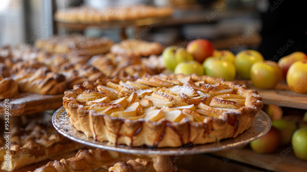 Apple pies on a bakery display shelf in a cafe. Background for of the ...