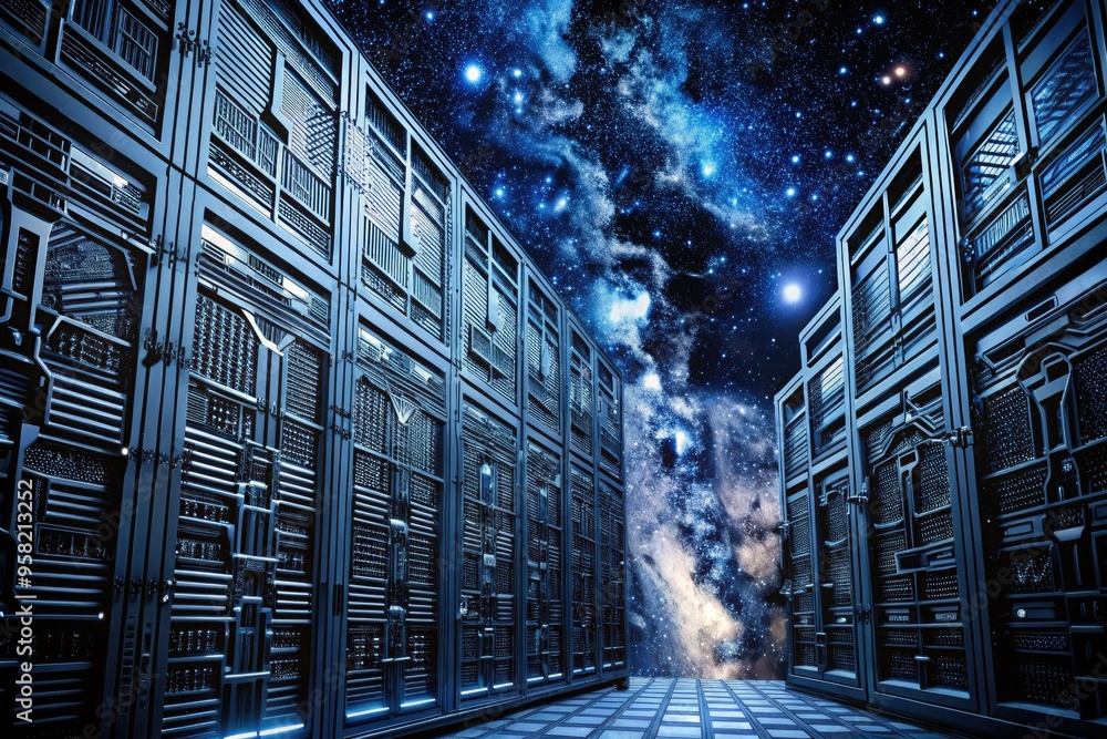 Dramatic high-contrast black and white image of supercomputer's ...