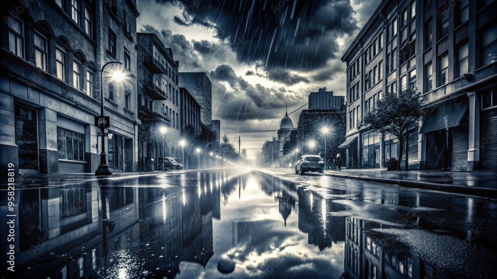 moody dramatic dark stormy clouds pouring rain bucket overflowing city ...