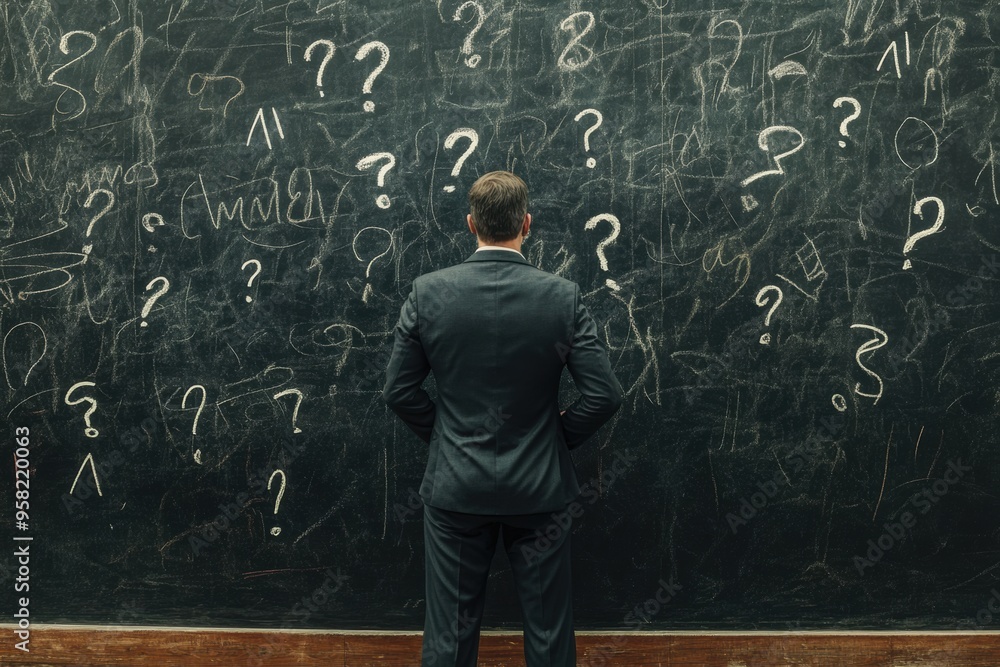 Businessman stands before a blackboard with question marks and ...