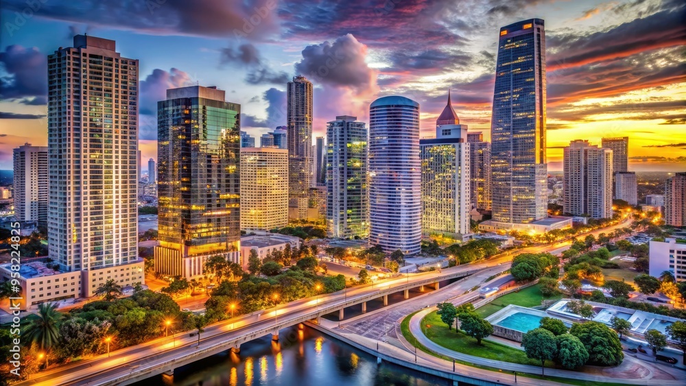 Downtown Miami, high-rise buildings, urban density, city lights ...