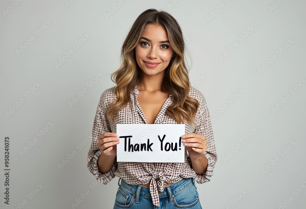 Thank You message : beautiful woman holding a banner with text ...