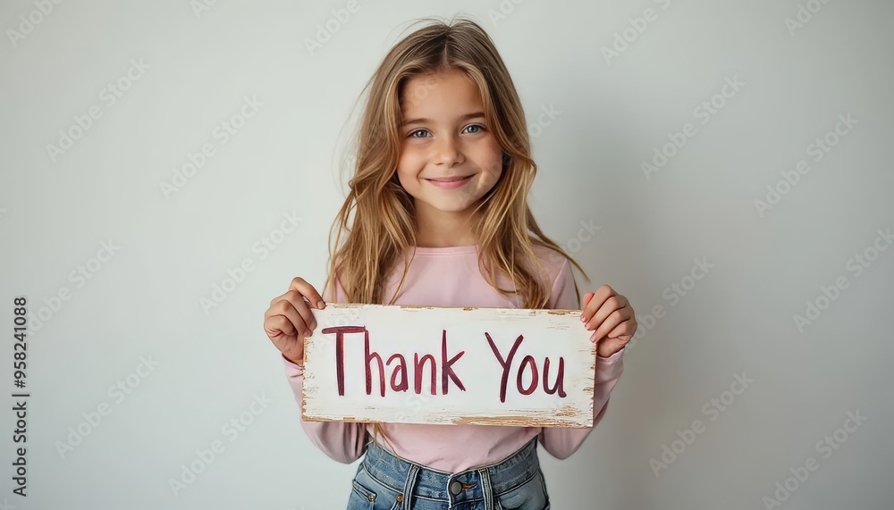 Thank You message : young girl holding a banner with text. Expression ...