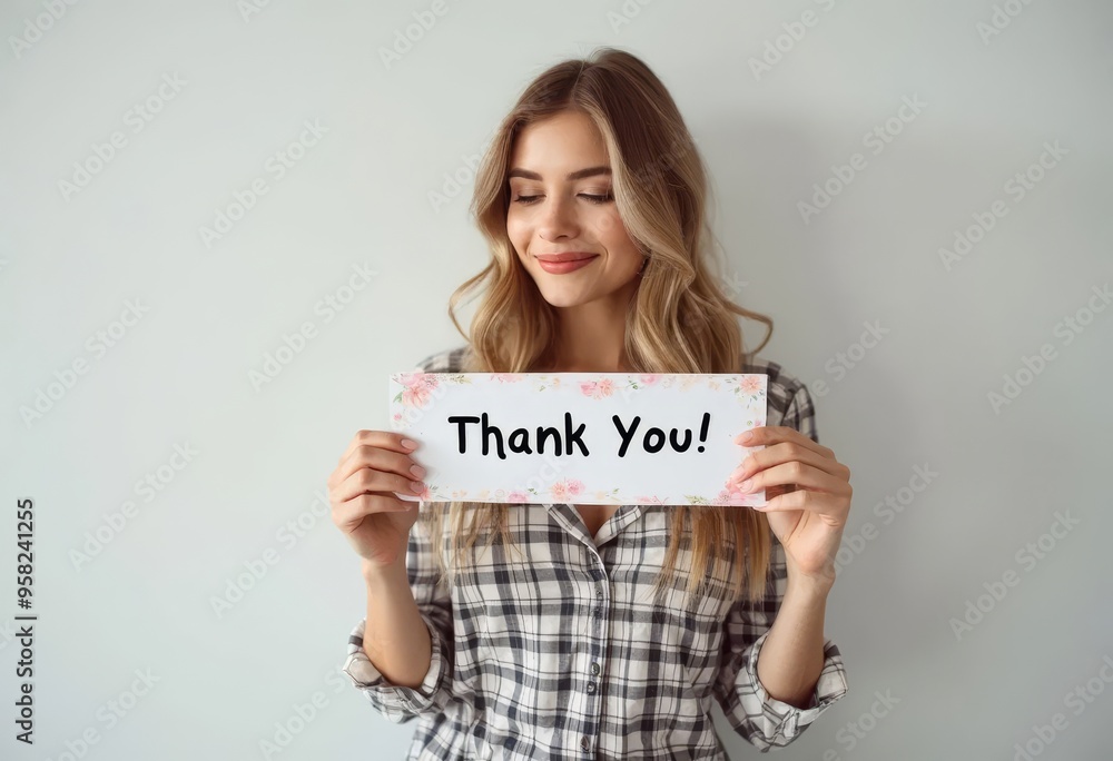 Thank You message : beautiful woman holding a banner with text ...