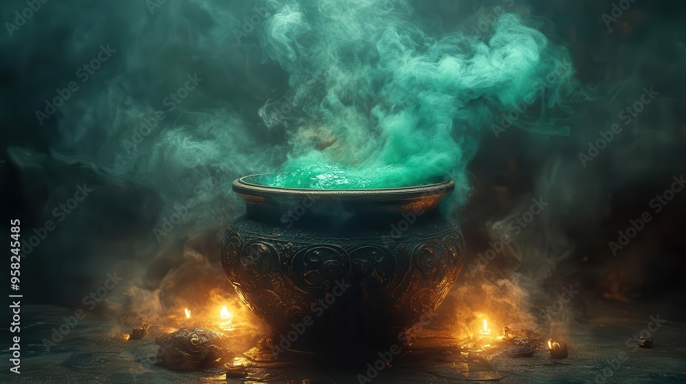 mystical cauldron scene swirling emerald potion emits otherworldly glow ...