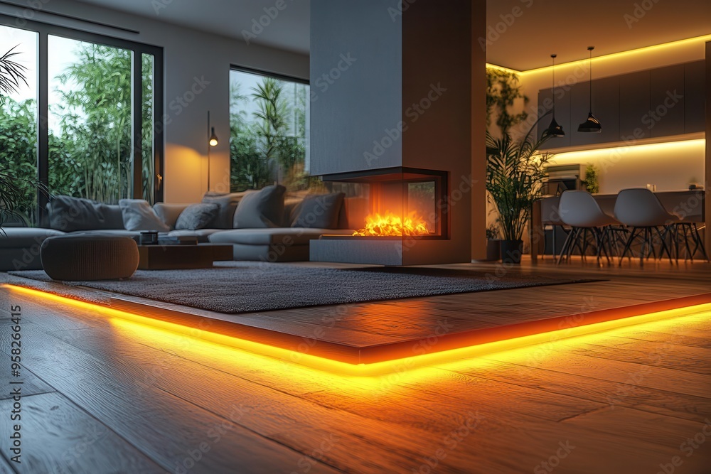 cutaway view of ecofriendly underfloor heating system warm glowing ...