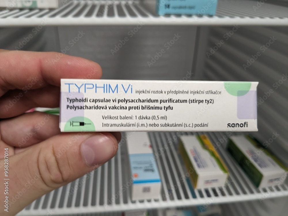 Prague, Czech Republic - August 28 2024: TYPHIM VI box of typhoid ...