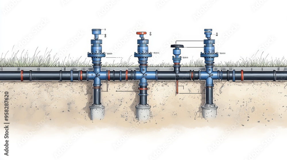 Underground water meter connection diagram, showing labeled pipes ...