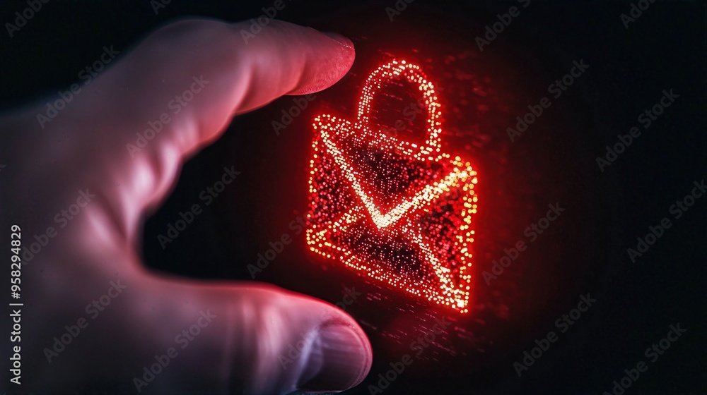 A creative representation of a glowing email icon, captured with a hand ...