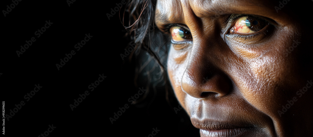Indigenous Australian woman aunty sad looking eyes close-up dramatic ...