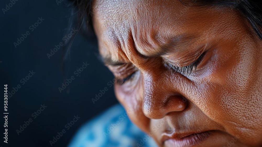 Thoughtful close-up older Indigenous woman auntie portrait depicting ...