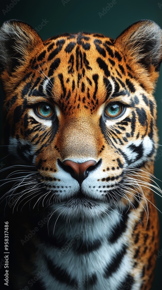 This compelling image displays a detailed portrait of a jaguar ...