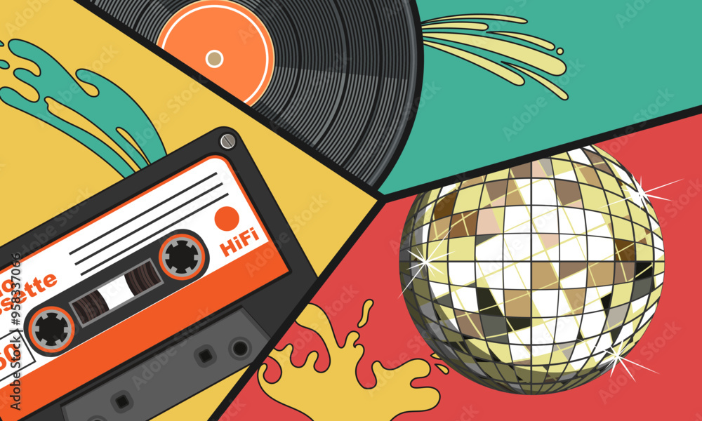 80s style collage with audio cassette, vinyl record and disco ball ...