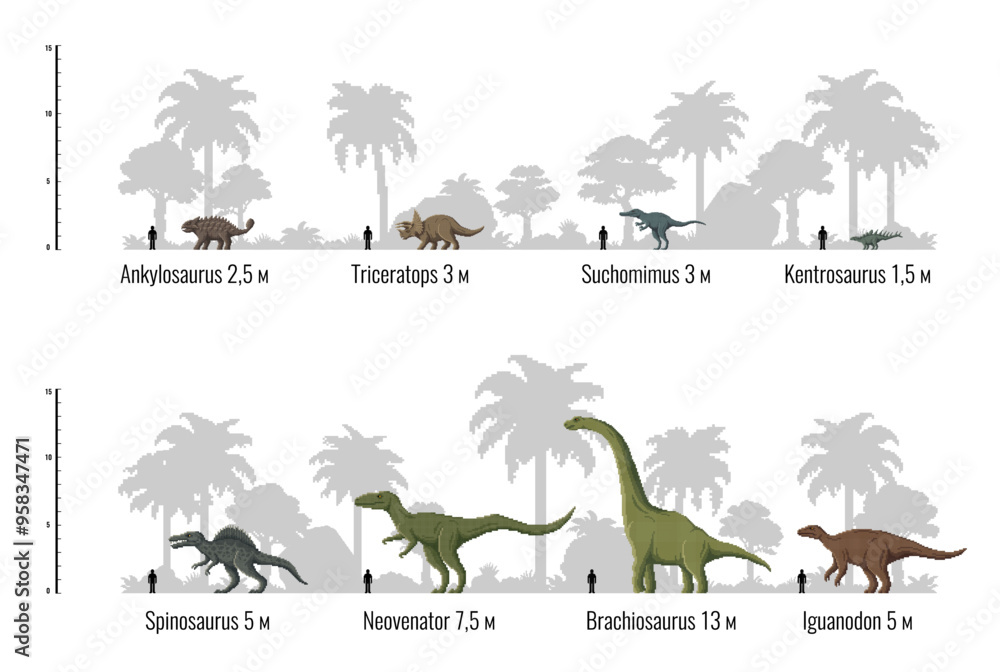 Prehistoric dinosaurs pixel infographics on size height or length ...