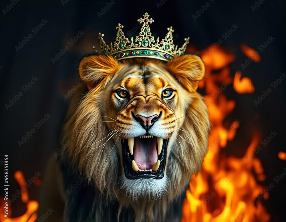 lion with a crown on its head and angry fire background Stock Photo ...