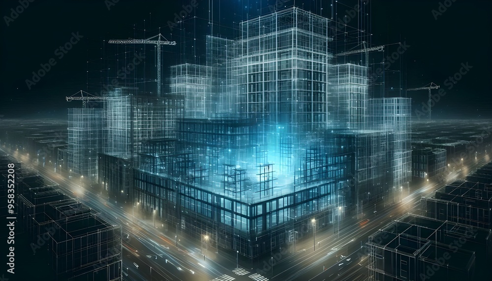 Futuristic Architectural Design Projection Overlay on City Block Under ...