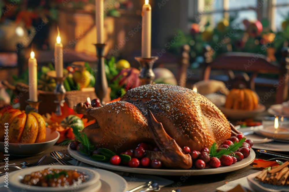 Festive 3D render of a Thanksgiving dinner with a roasted turkey ...