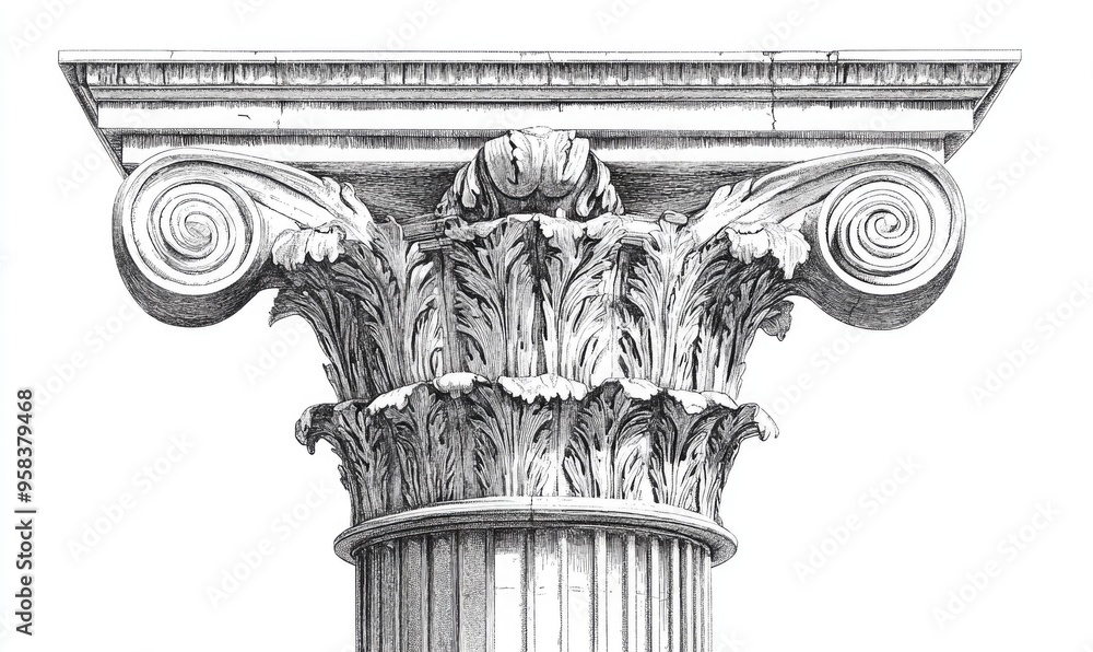 Line art illustration of a Corinthian column featuring narrow elongated ...