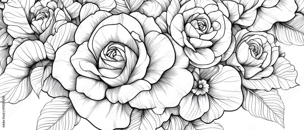 Zentangle style line art illustration of roses for coloring featuring ...