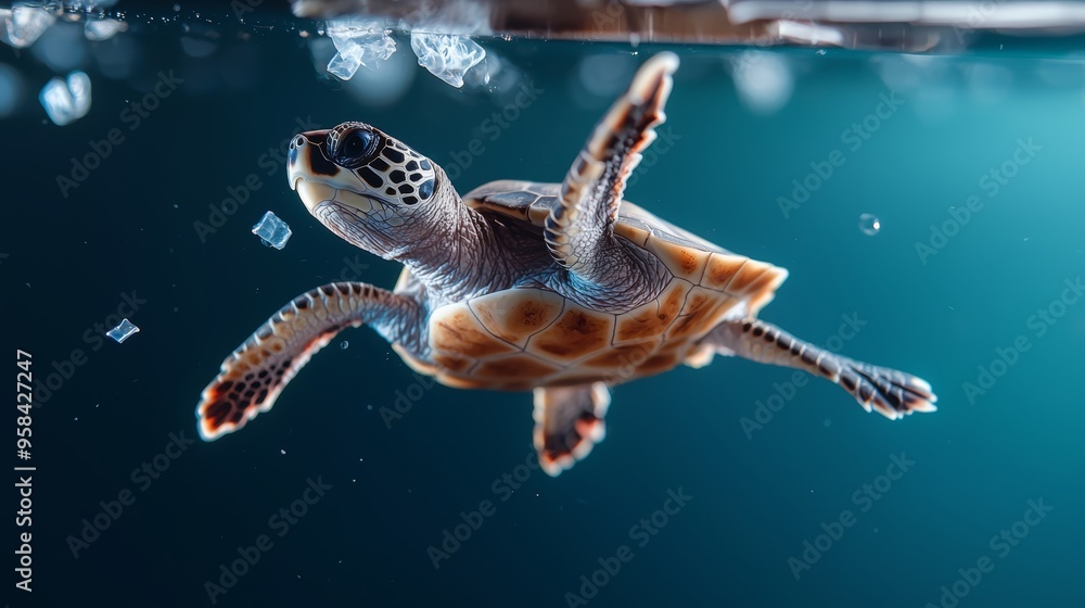Freshwater turtle swimming in a pond with microplastics suspended in ...