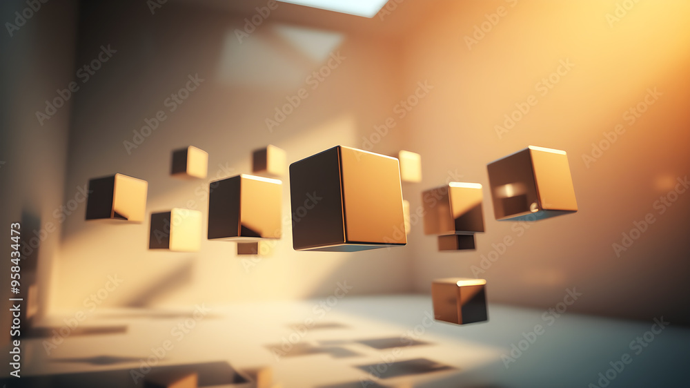 Floating 3D cubes with reflective surfaces, hovering in a space with ...