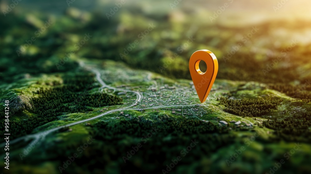 3D map marker on a physical map, pointing to a major travel route, with ...