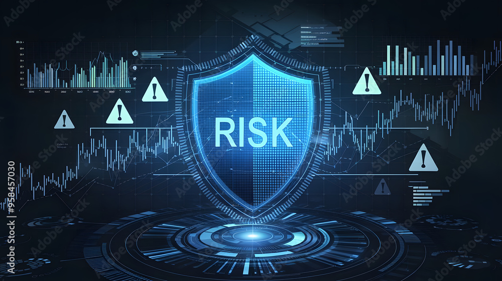 Risk Management: A digital shield surrounded by fluctuating graphs and ...