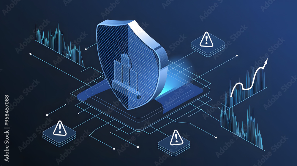 Risk Management: A digital shield surrounded by fluctuating graphs and ...