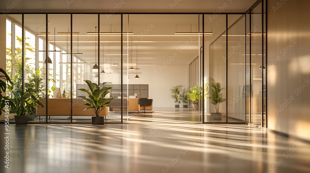 Bright modern office space, glass partitions, open plan layout, soft ...