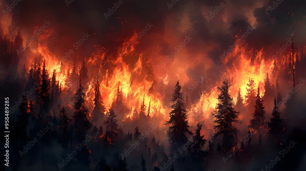 Dramatic forest fire scene with intense flames engulfing trees, highlighting the power and ...