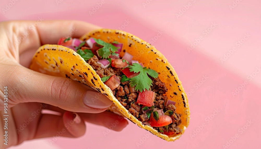 female arm. the hand is holding a mexican taco. pink studio background ...