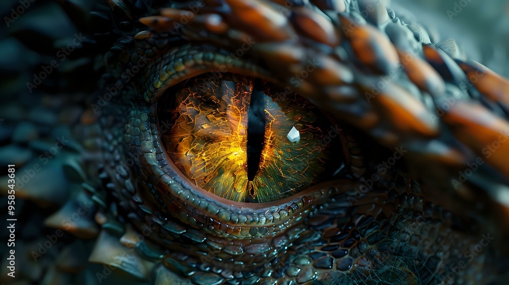 Extreme close-up of a reptilian eye with fiery, intricate details and scales, giving a mythical ...