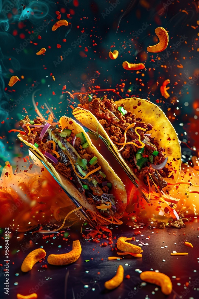 flyer of mexican tacos party, use neon colors, explosion of colors and ...