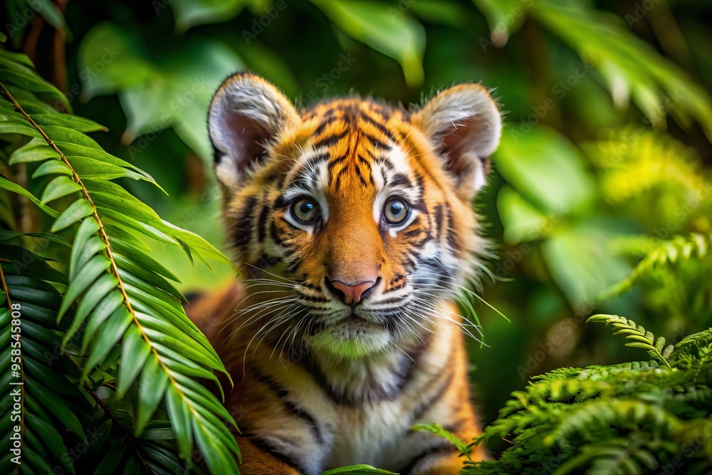 Adorable small tiger cub with bright orange fur and big curious eyes ...