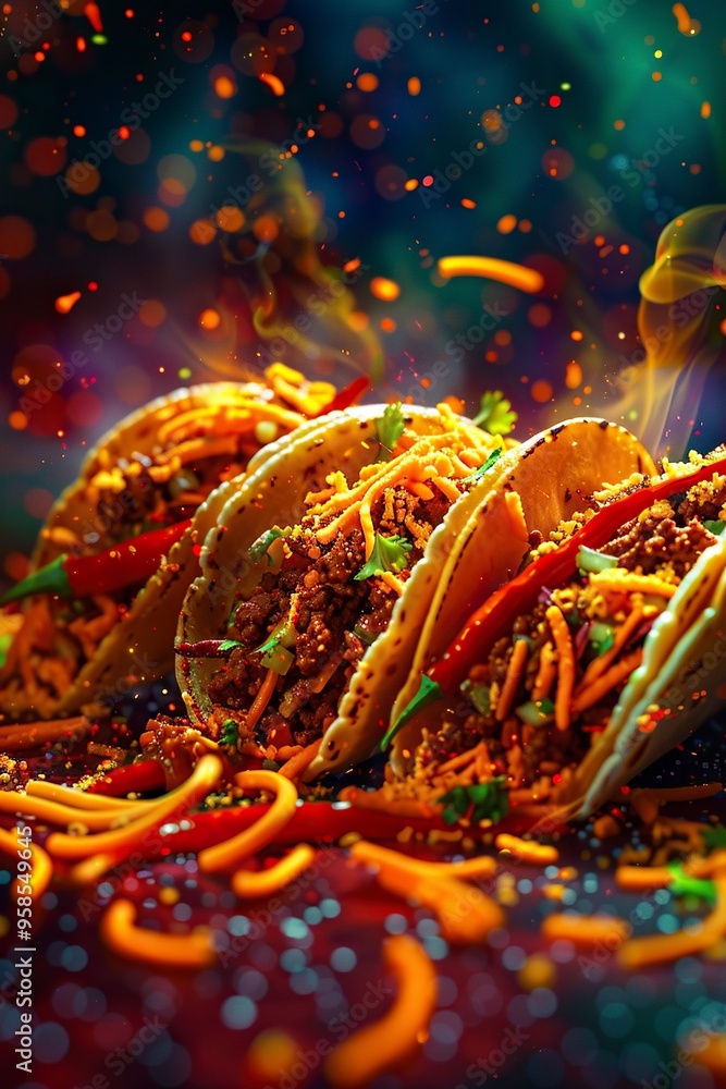 flyer of mexican tacos party, use neon colors, explosion of colors and ...