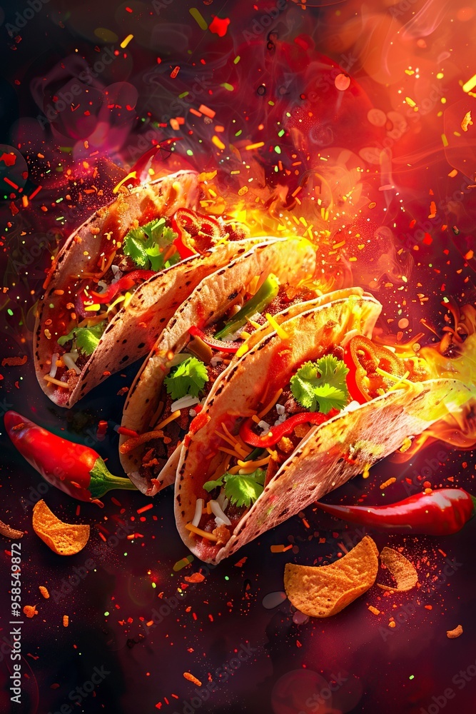 flyer of mexican tacos party, use neon colors, explosion of colors and ...