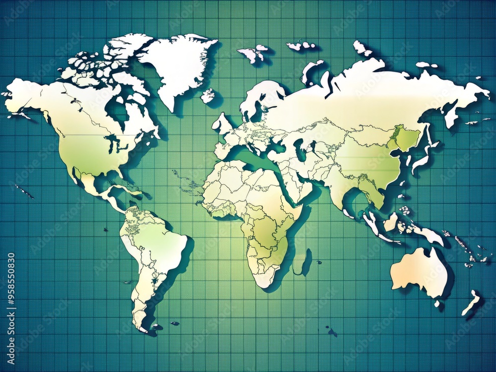 A high-contrast, monochromatic illustration of a blank world map ...