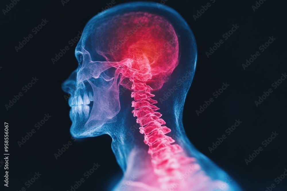 Detailed X-ray of a human skull and spine with the brain highlighted in ...