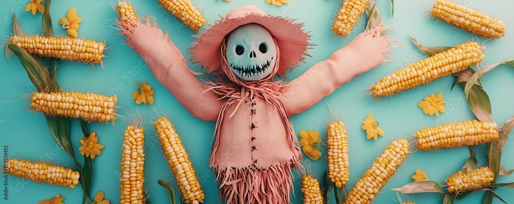 Creepy scarecrow surrounded by corn stalks, flat design, top view ...
