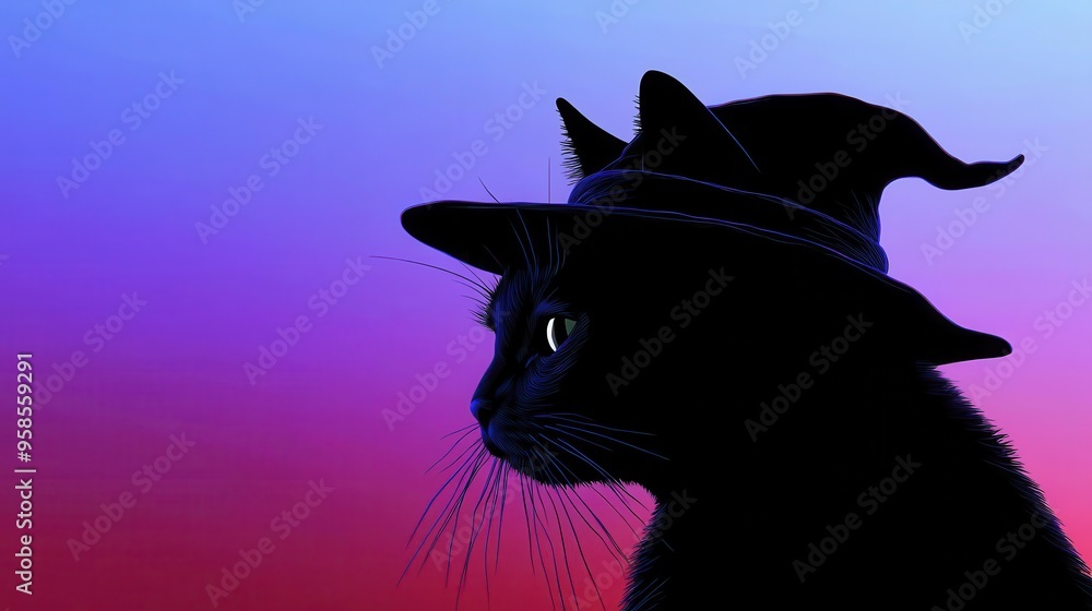 Sinister black cat wearing a witch hat silhouette at twilight, flat ...